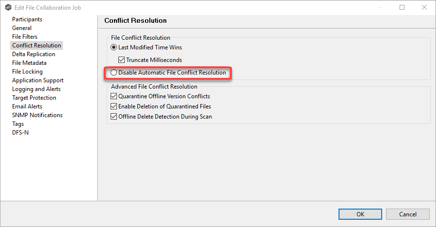Disable automatic conflict resolution for a job
